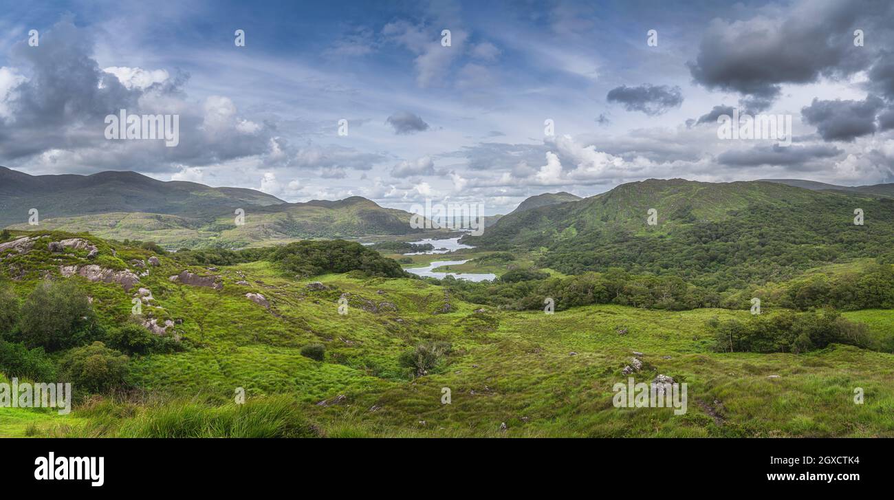 Irish iconic viewpoint, Ladies View, closeup on lakes, green valley and ...