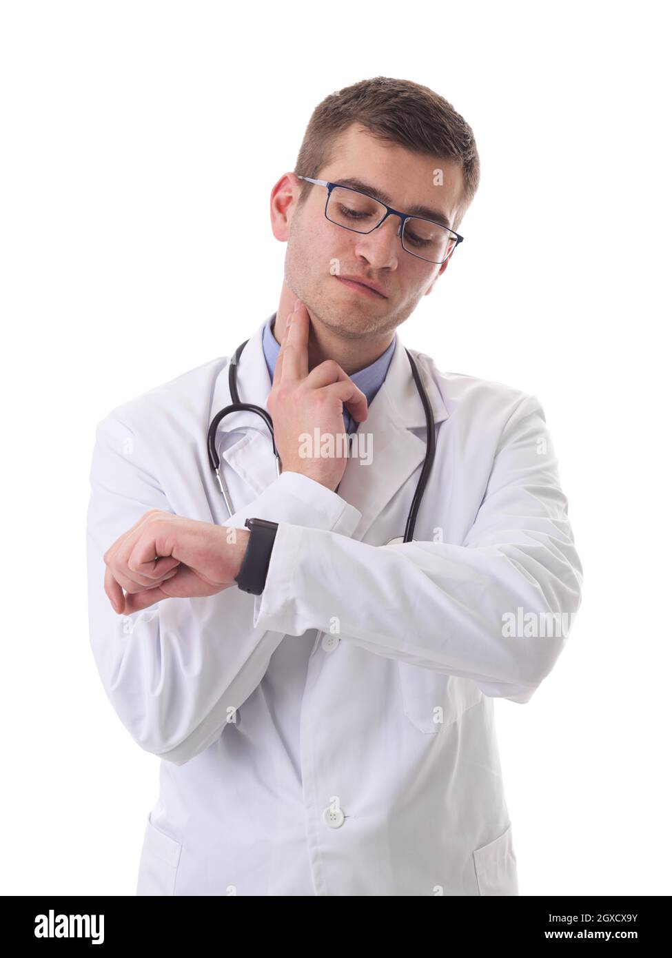 Partial view of male doctor using smartwatch while checking heartbeat ...