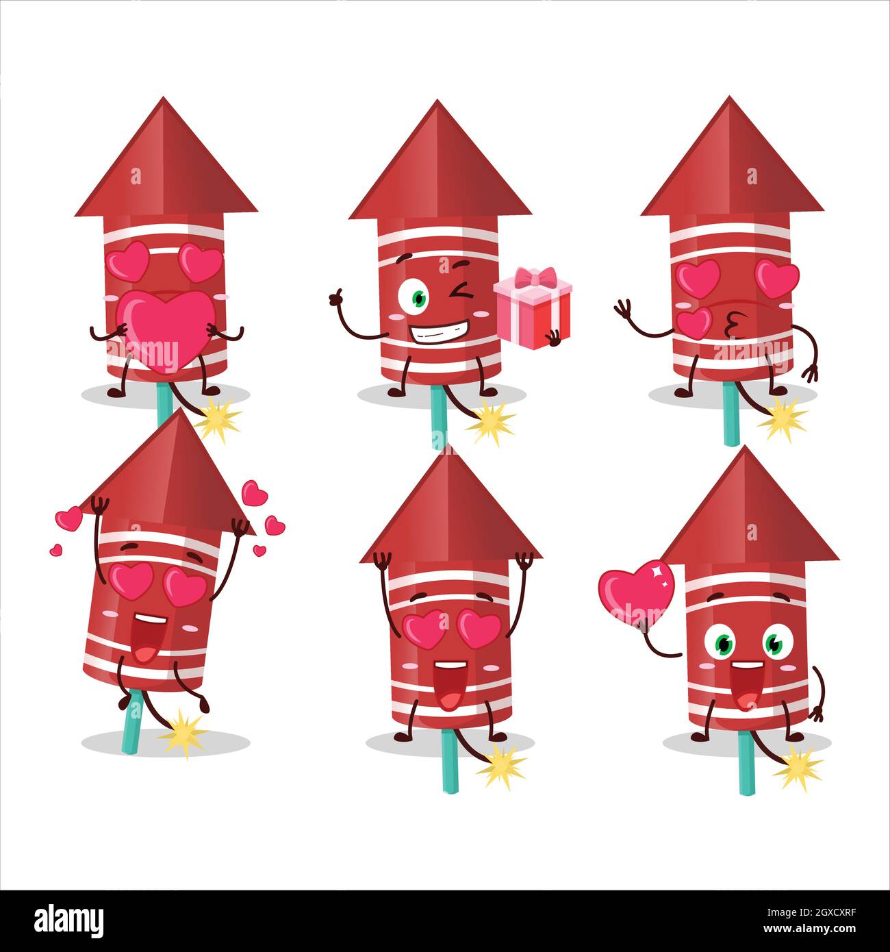 Red rocket firework cartoon character with love cute emoticon. Vector ...