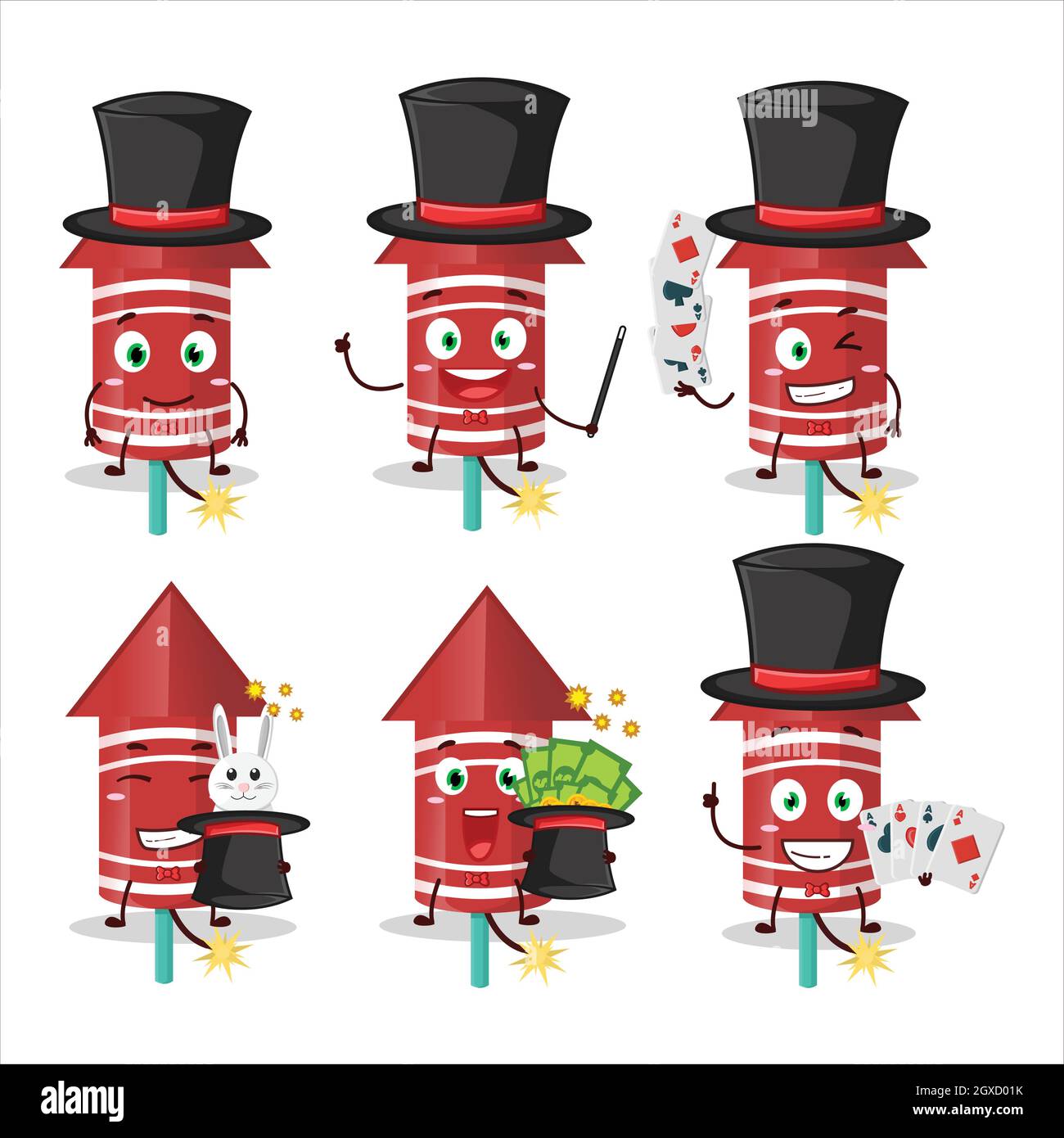A red rocket firework Magician cartoon character perform on a stage ...