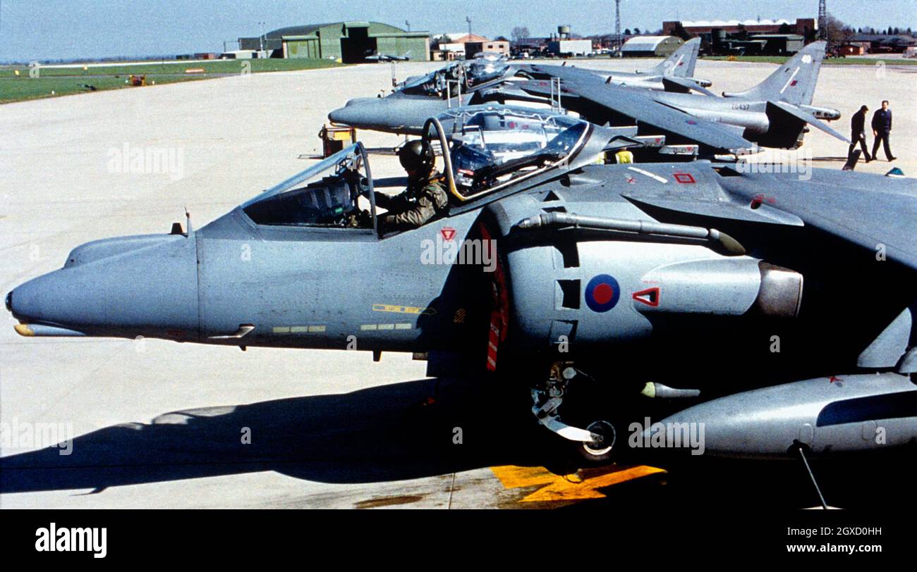 Harrier jets line up at RAF Wittering. The base is home to Harrier ...