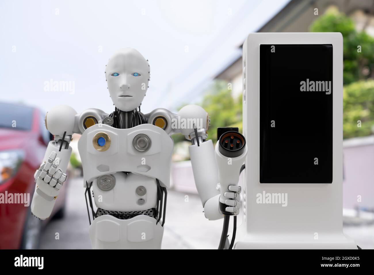 Robot cyber future futuristic humanoid Hi tech industry garage EV-car ...