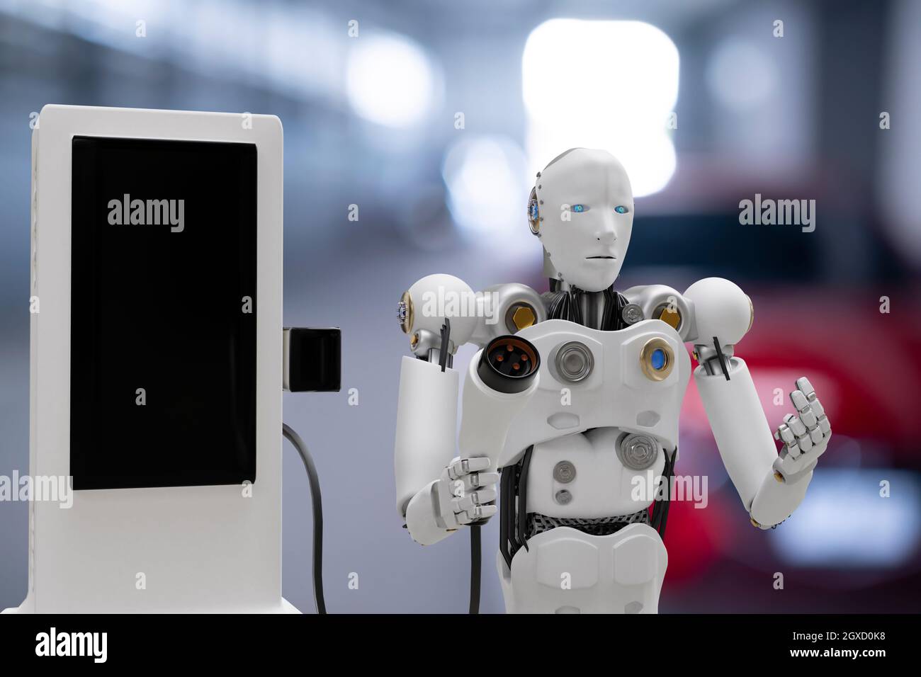 Robot cyber future futuristic humanoid Hi tech industry garage EV-car ...