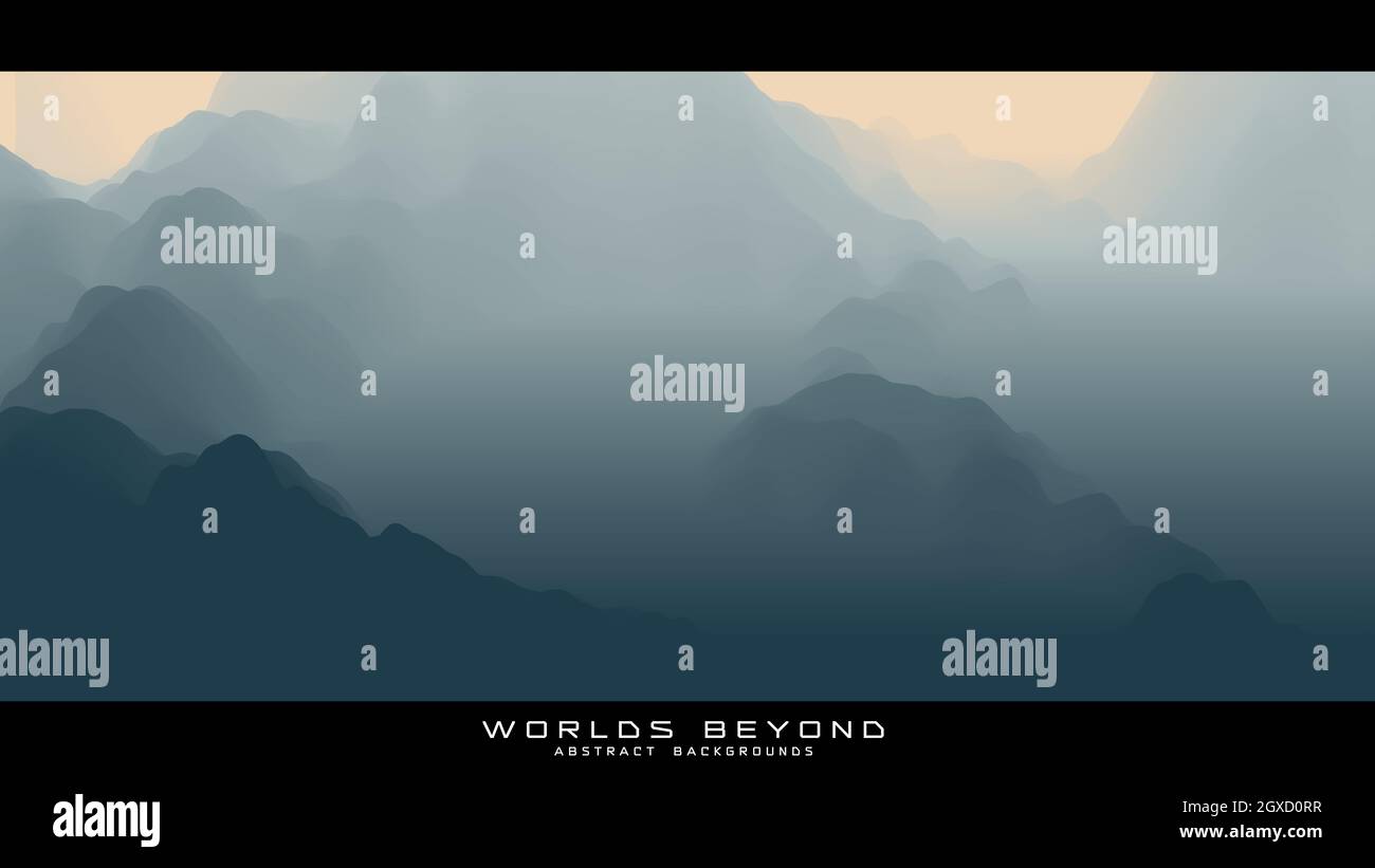 Abstract gray landscape with misty fog till horizon over mountain ...