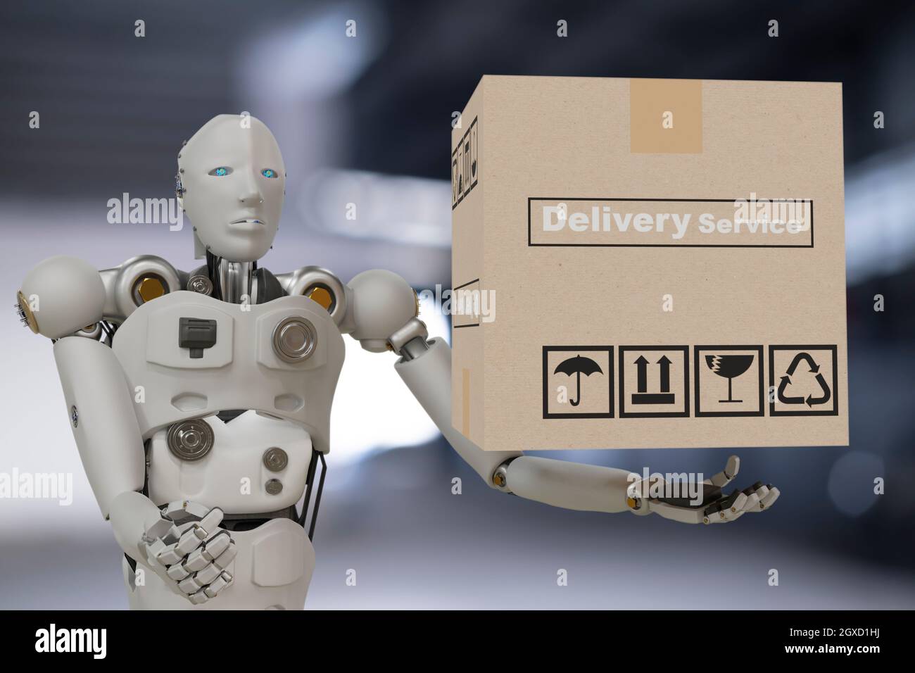 Robot cyber future futuristic humanoid hold box product technology ...