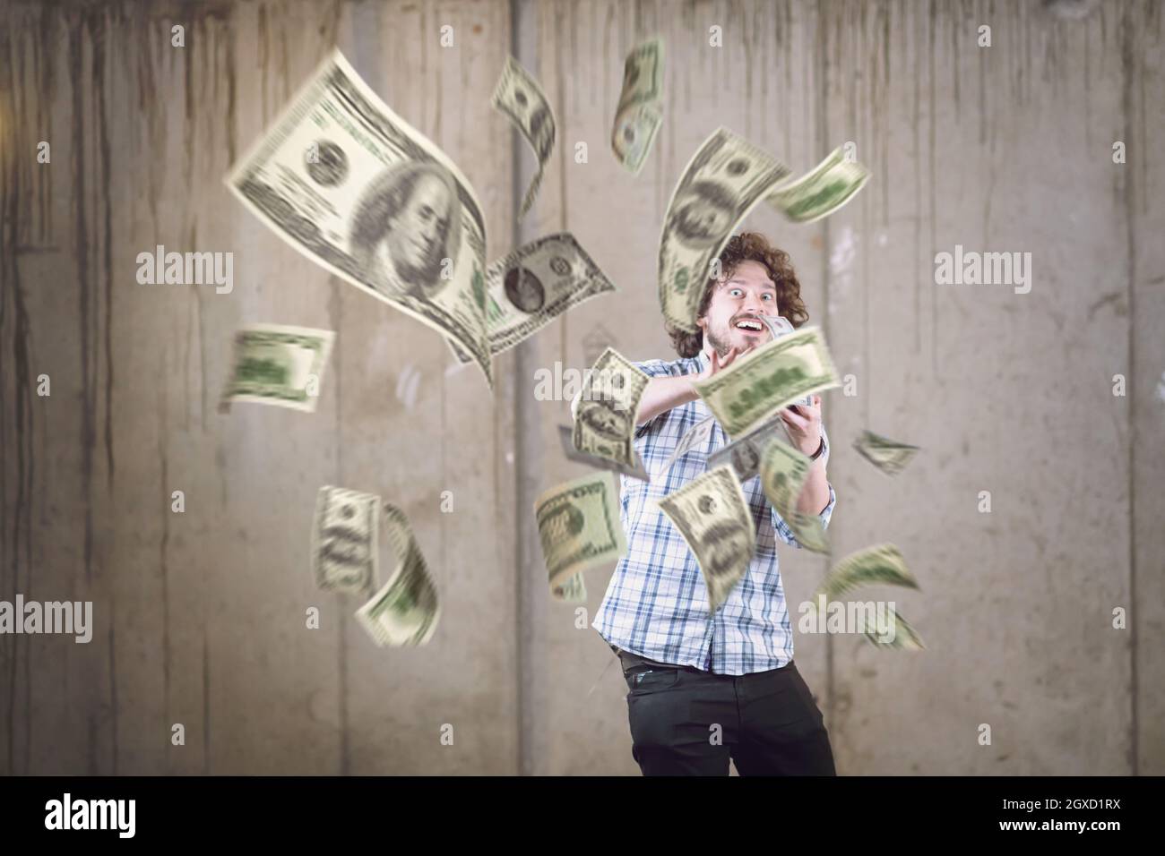 business, people and finances concept Happy young businessman throwing ...