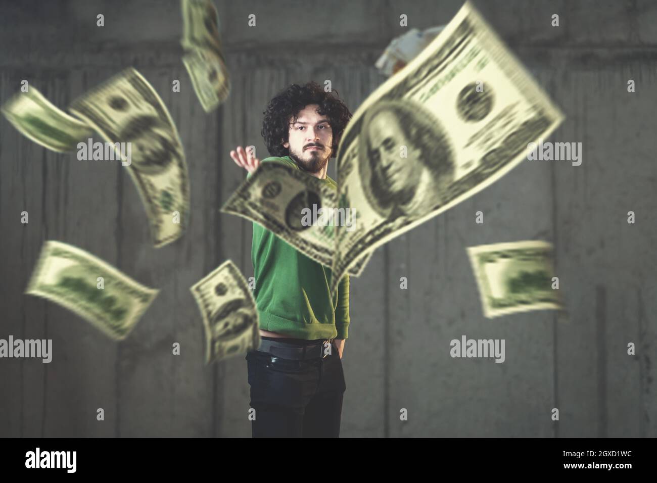 business, people and finances concept Happy young businessman throwing ...