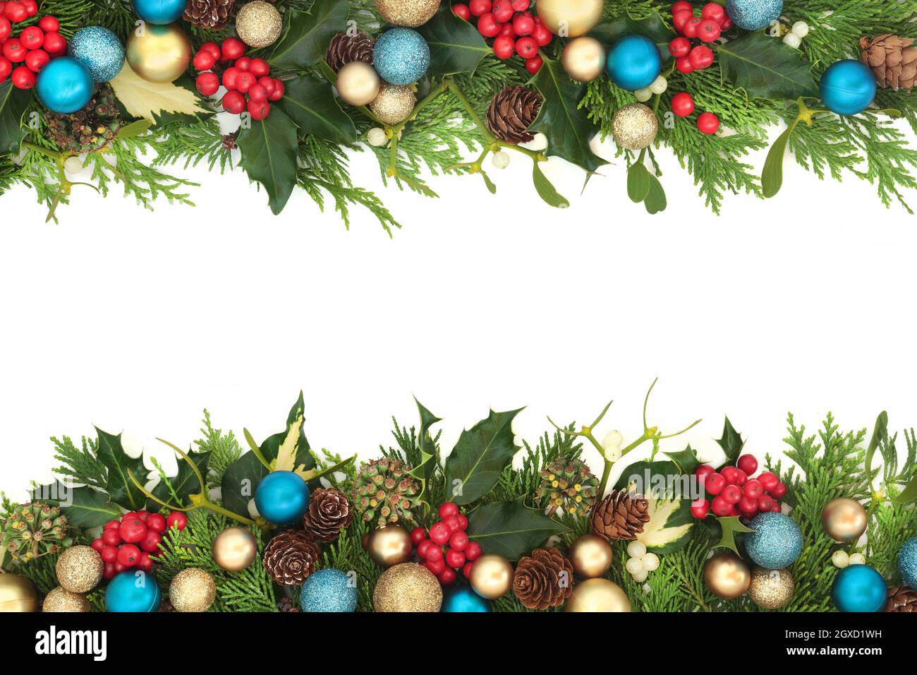 Christmas background border composition on white with bauble ...