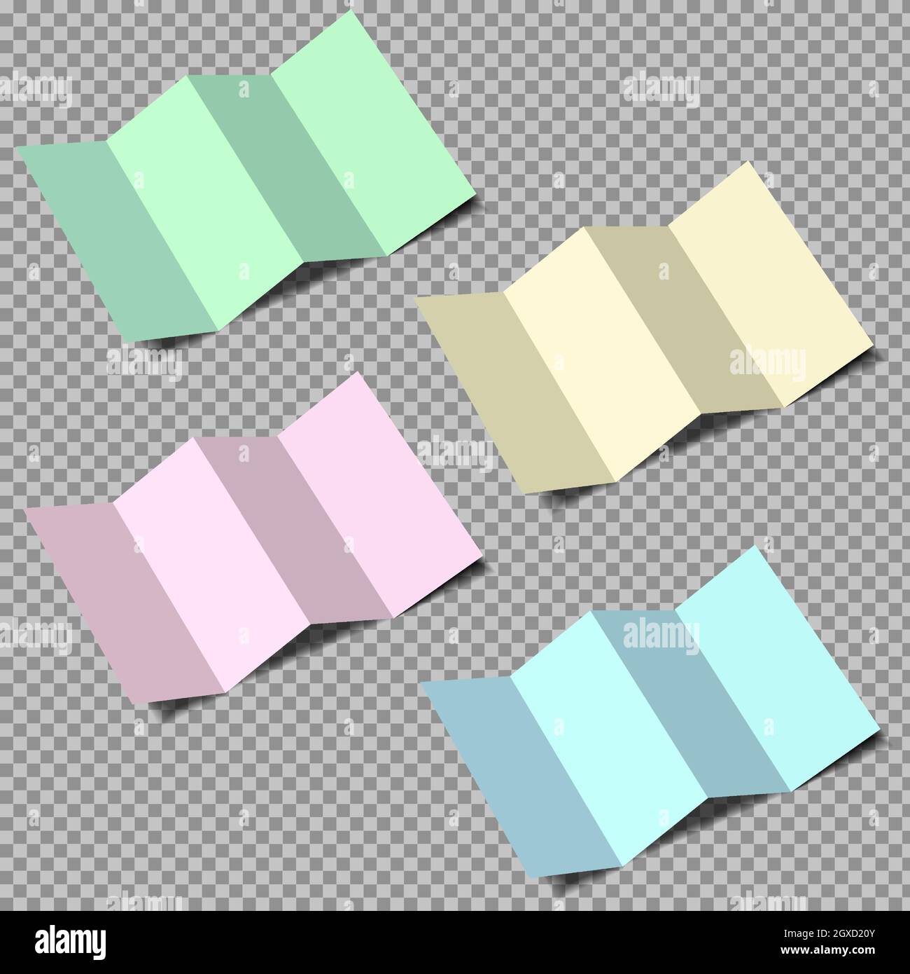 Set of folded realistic colored paper mockup sheets on transparent ...