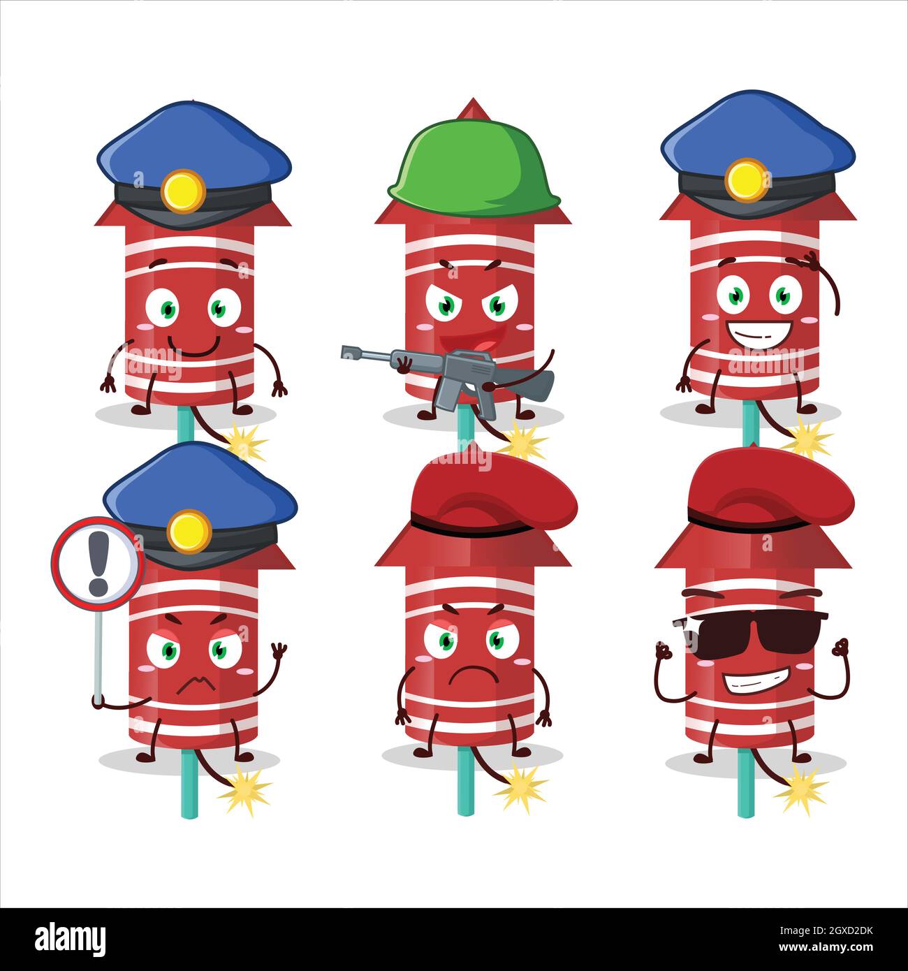 A dedicated Police officer of red rocket firework mascot design style ...