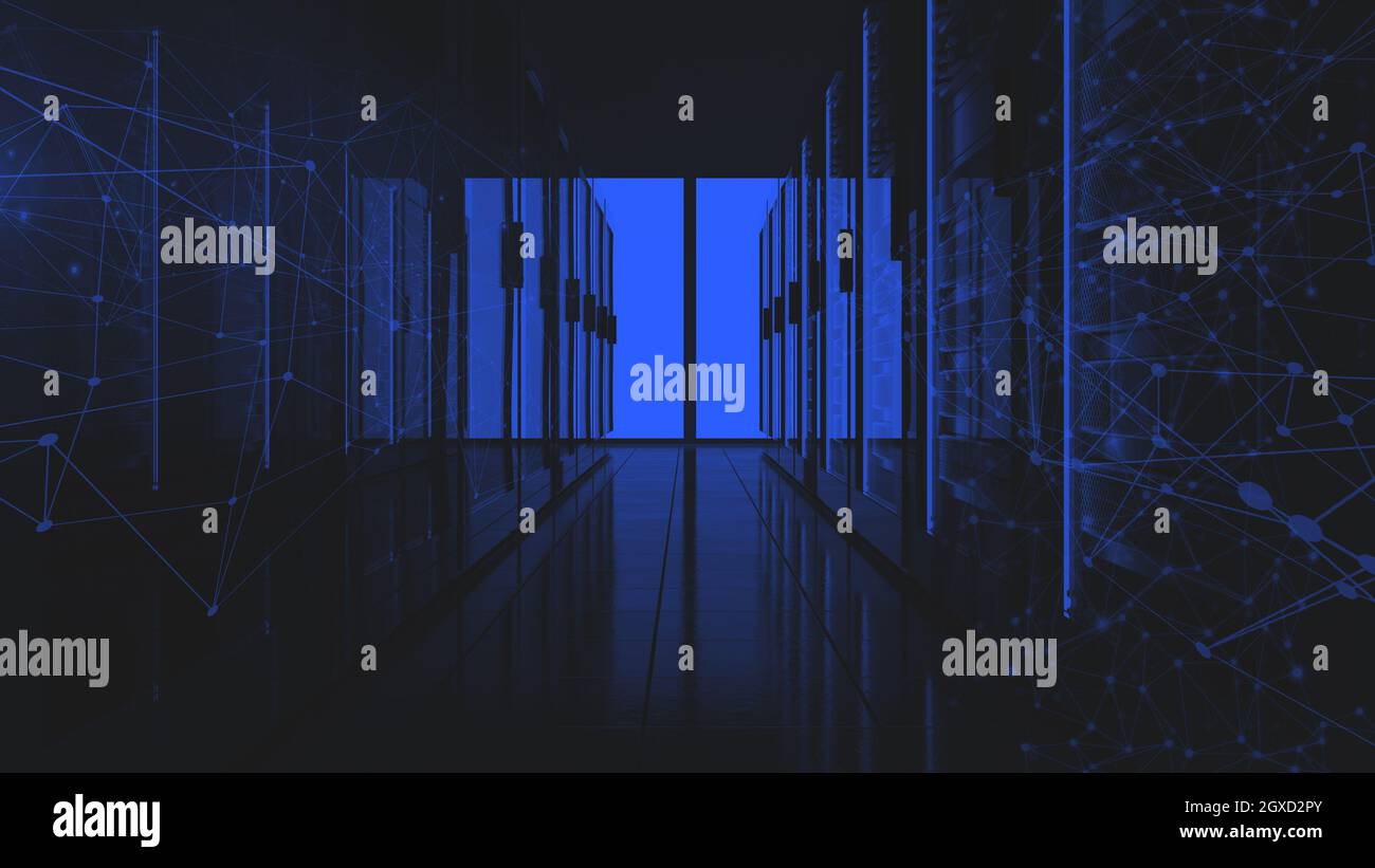 Server racks in computer network security server room data center. 3D ...