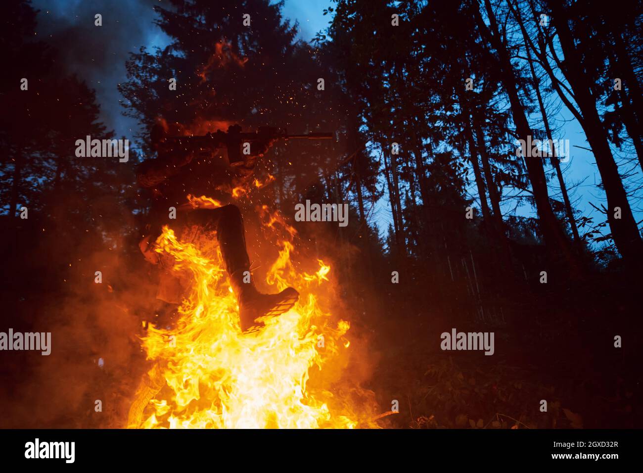 Soldier in Action at Night in the Forest Area. Night Time Military ...