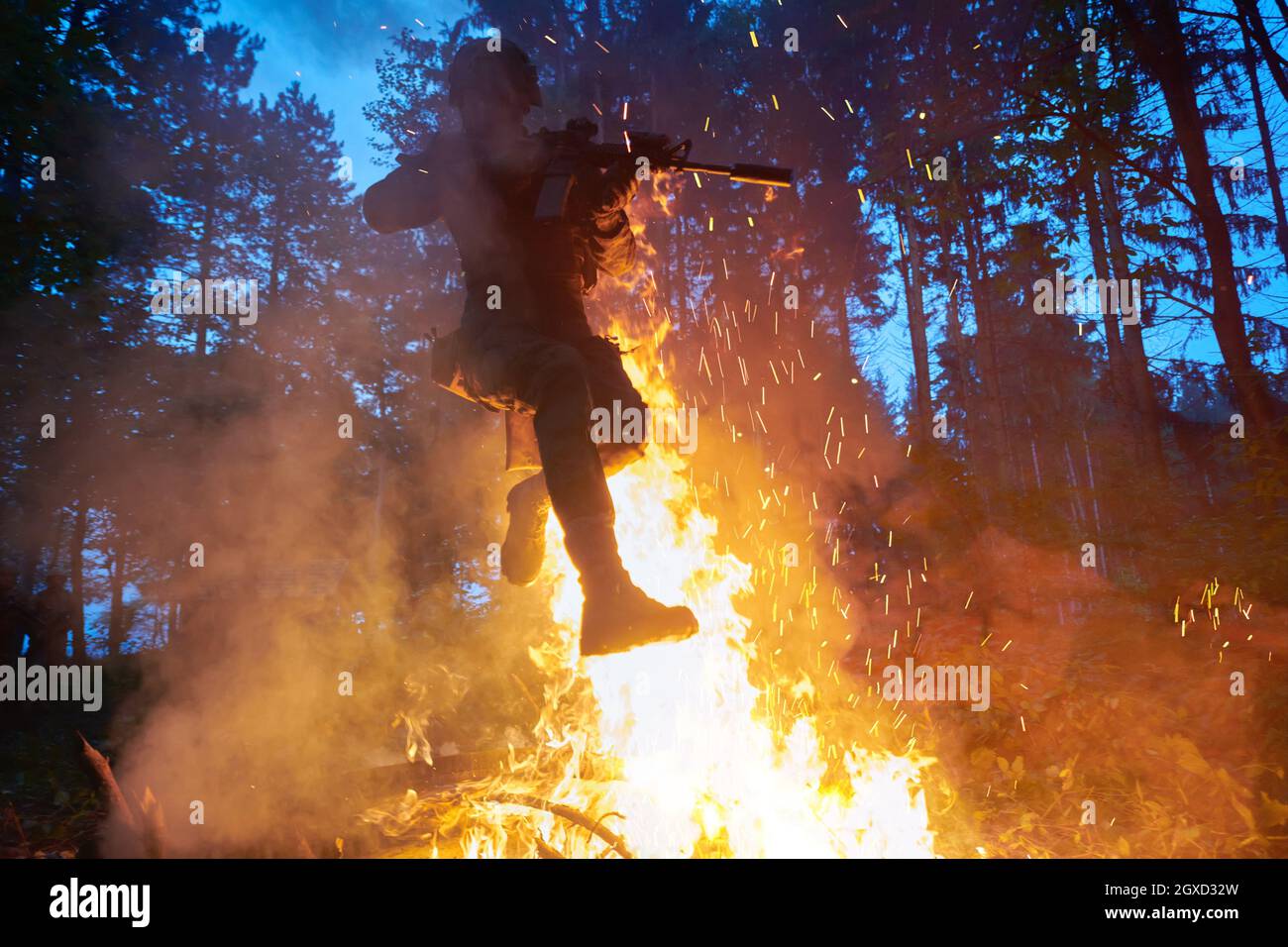 Soldier in Action at Night in the Forest Area. Night Time Military ...