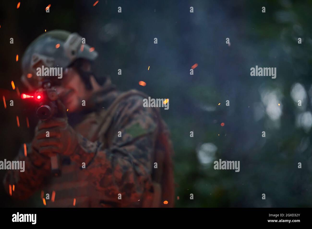 Soldier in Action at Night in the Forest Area. Night Time Military ...