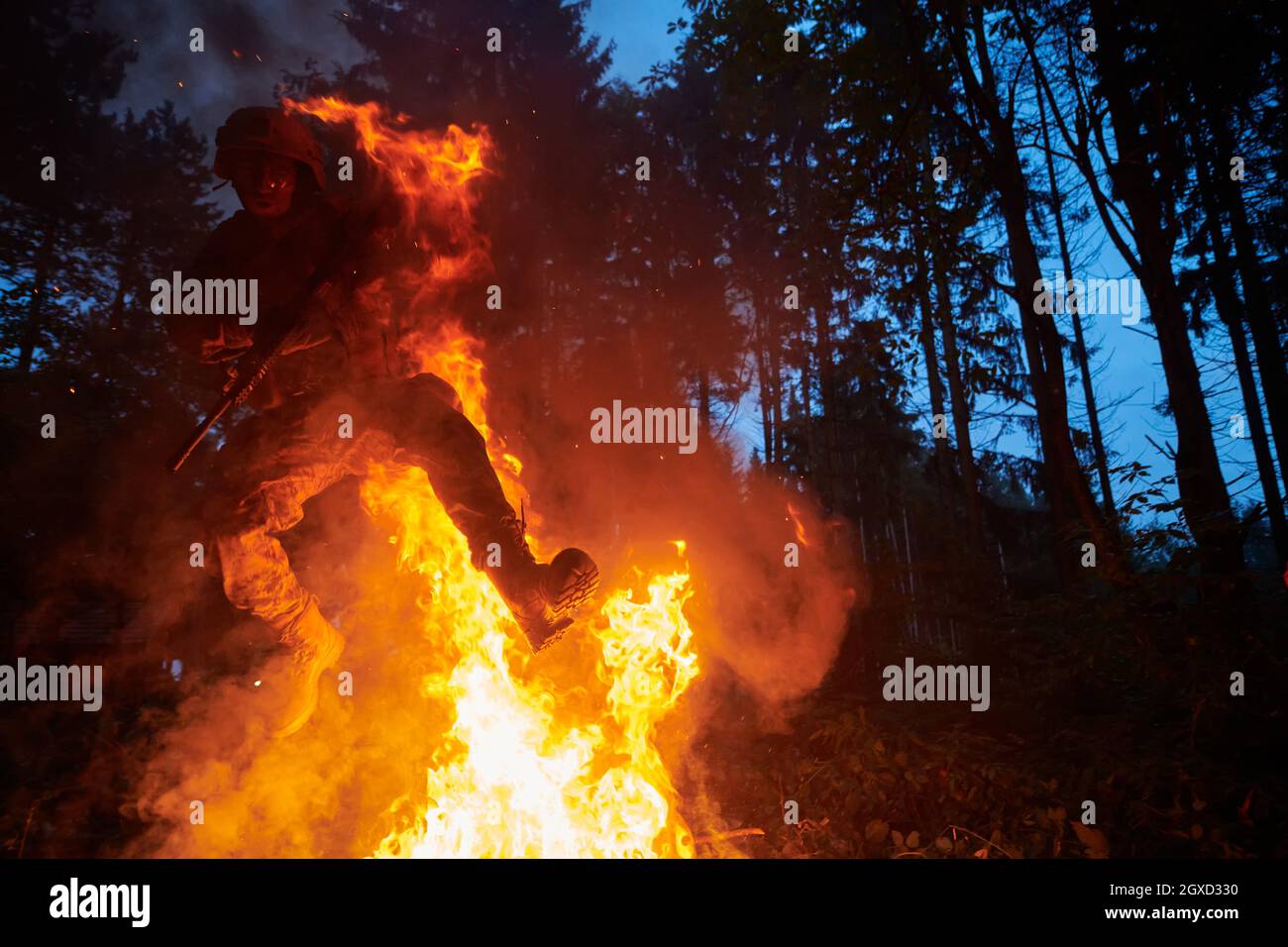 Soldier in Action at Night in the Forest Area. Night Time Military ...