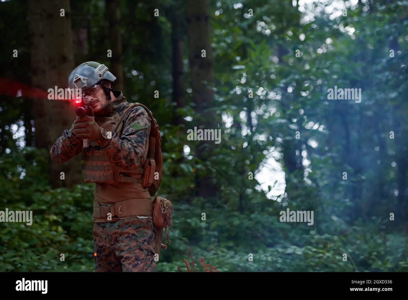 Soldier in Action at Night in the Forest Area. Night Time Military ...