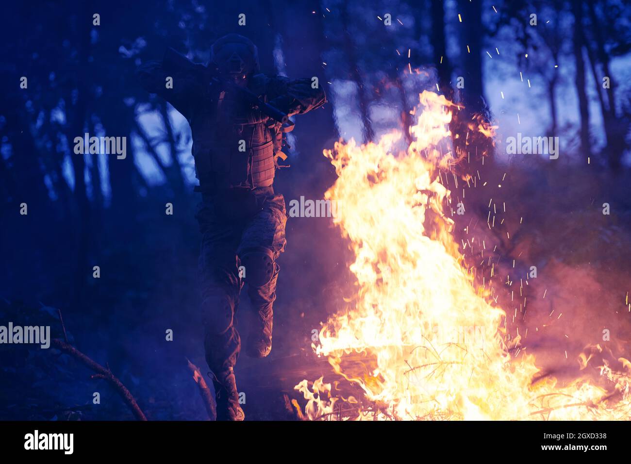 Soldier in Action at Night in the Forest Area. Night Time Military ...