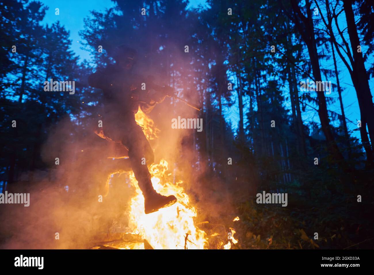 Soldier in Action at Night in the Forest Area. Night Time Military ...