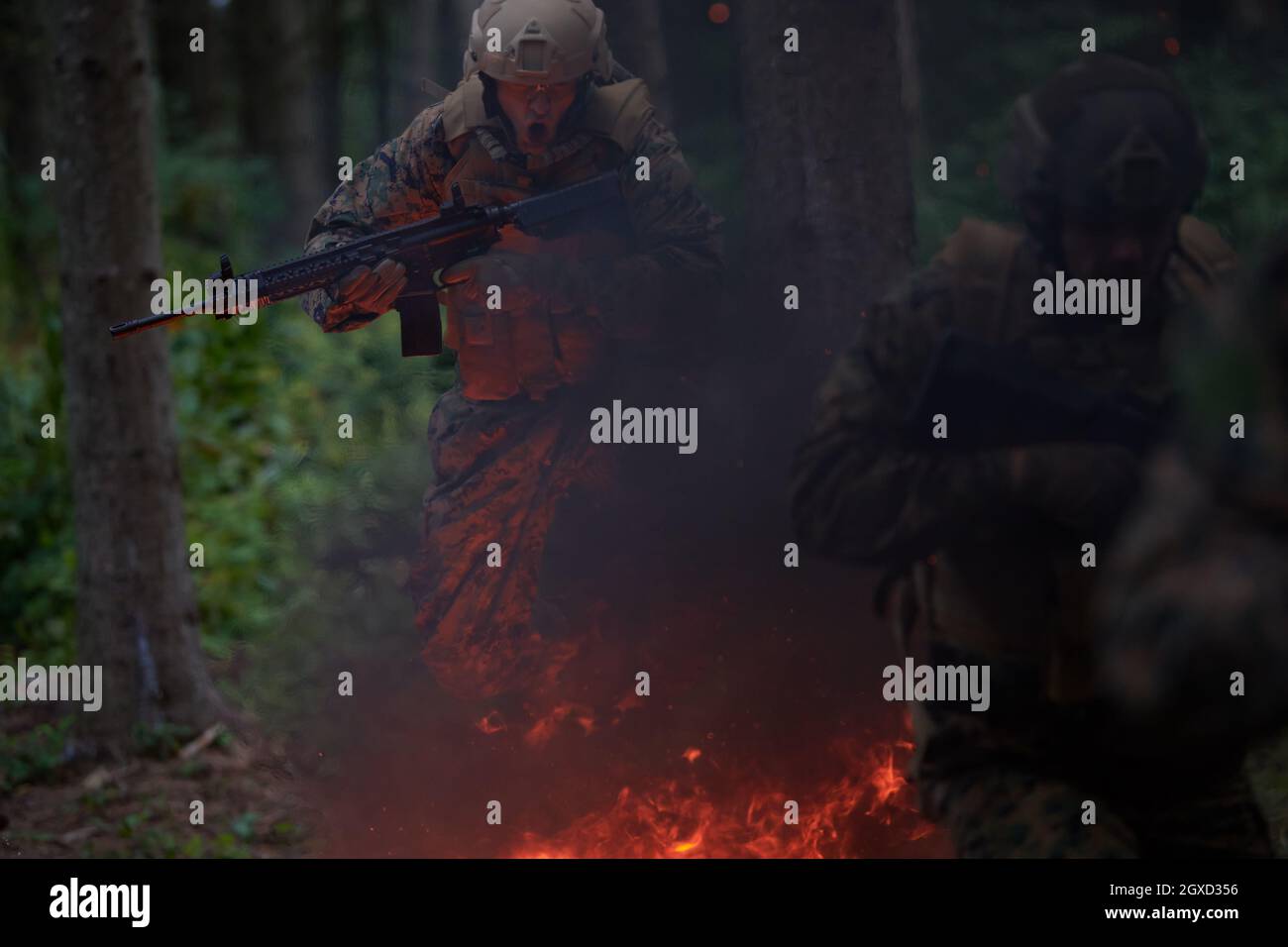 Soldier in Action at Night in the Forest Area. Night Time Military ...