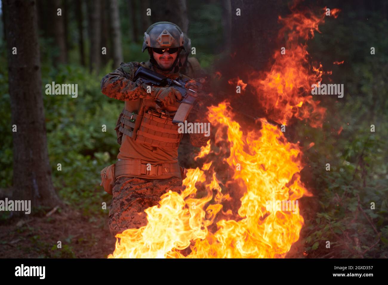 Soldier in Action at Night in the Forest Area. Night Time Military ...