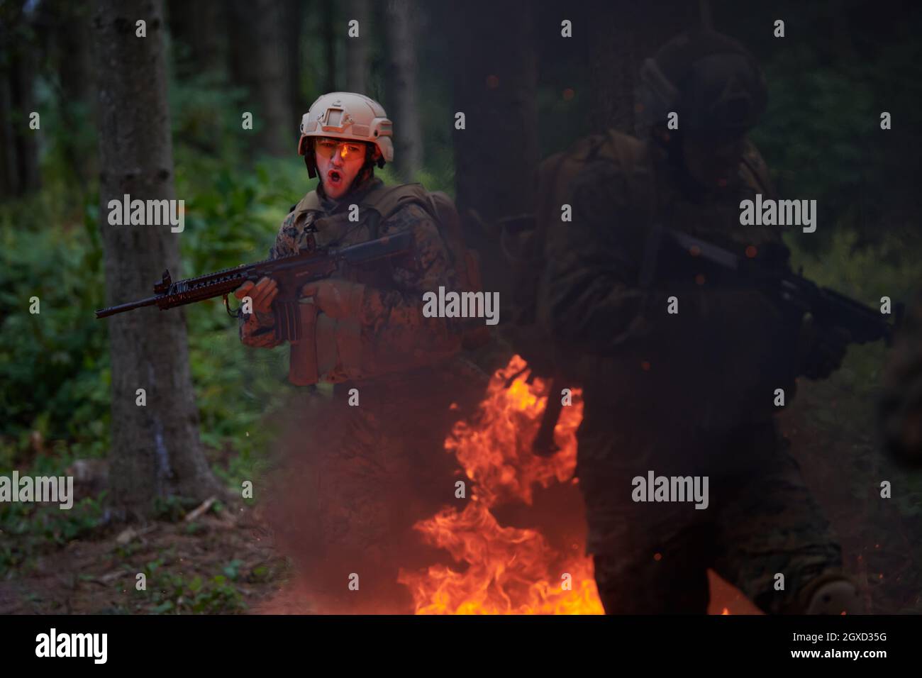 Soldier in Action at Night in the Forest Area. Night Time Military ...