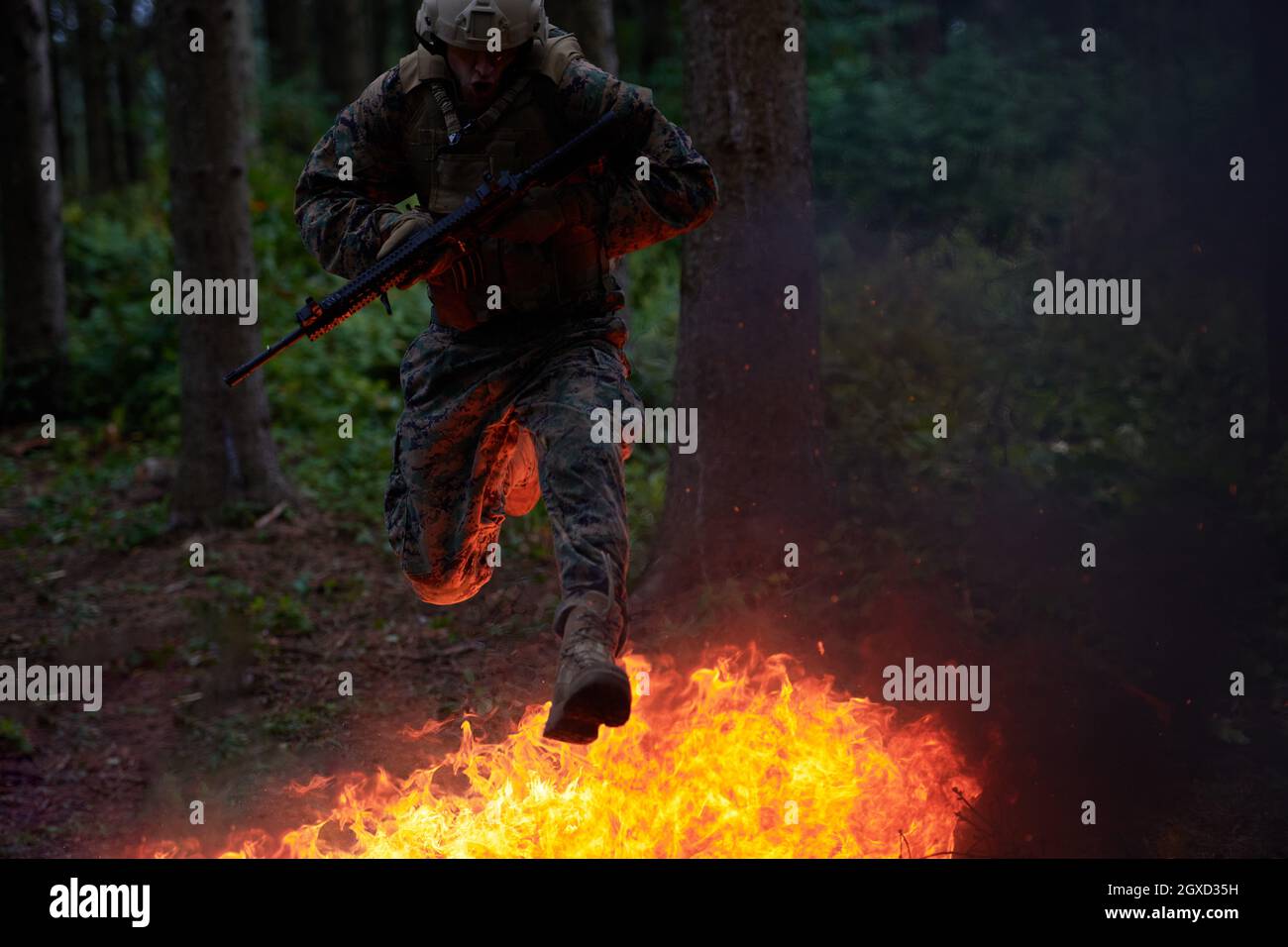 Soldier in Action at Night in the Forest Area. Night Time Military ...