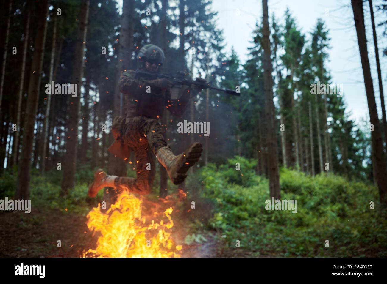 Soldier in Action at Night in the Forest Area. Night Time Military ...