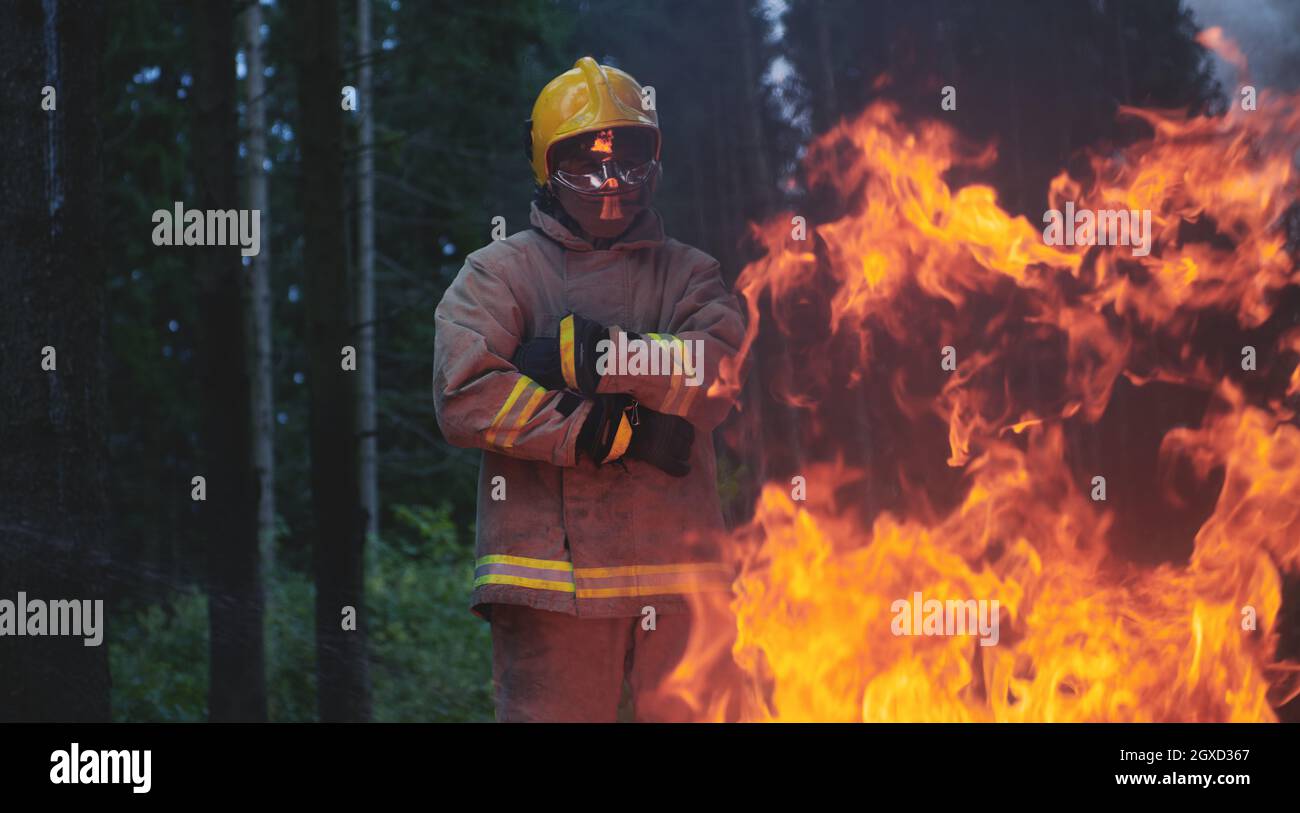 firefighter portrait on authentic fire location in forest Stock Photo ...