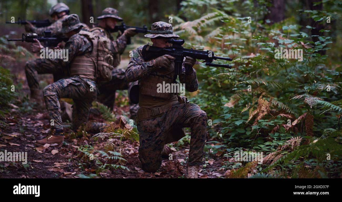 Modern warfare Soldiers Squad Running as Team in Battle Formation Stock ...