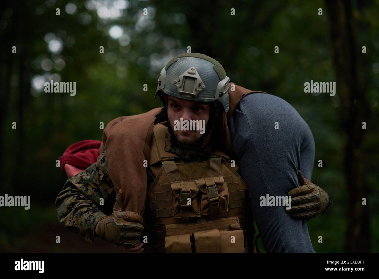 soldier rescue civilian woman in battle and give medical support help ...