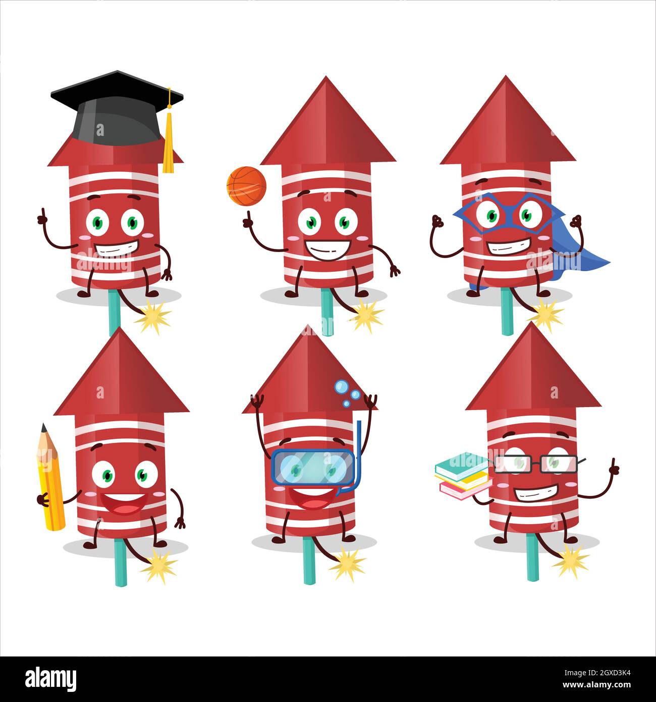 School student of red rocket firework cartoon character with various ...