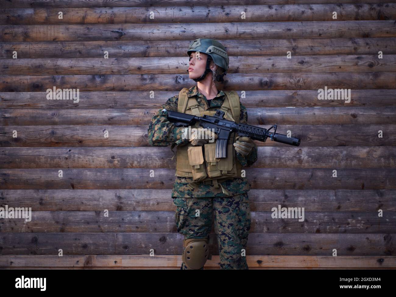 woman soldier ready for battle wearing protective military gear and ...