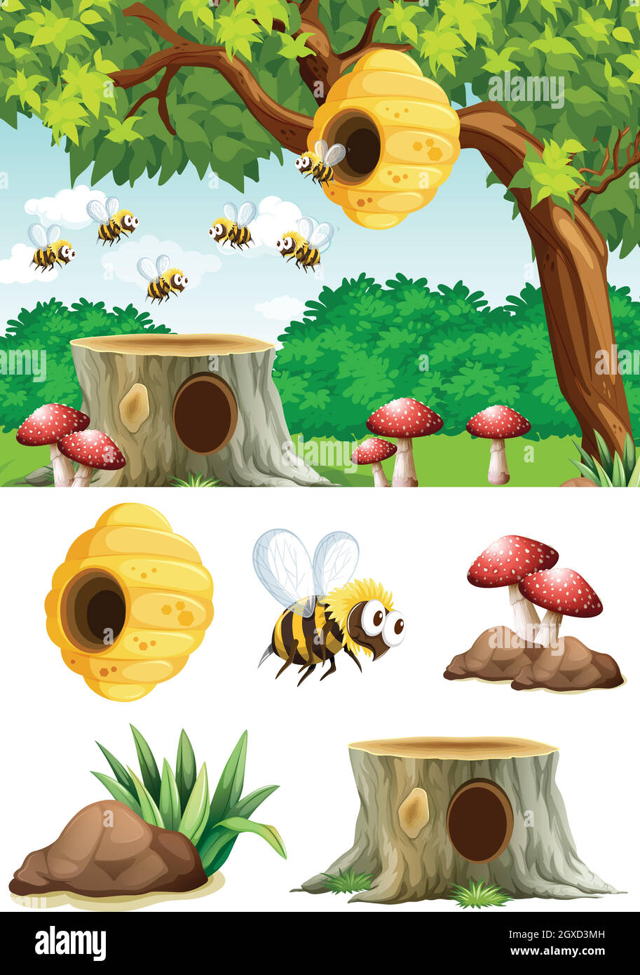 Bee Hive In Tree Drawing Bees Are Flying To The Hive On A Tree