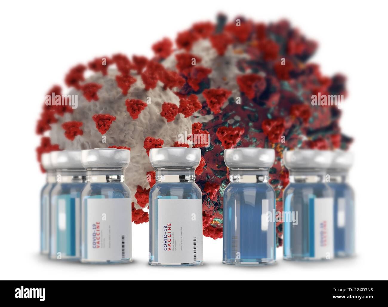 vaccine bottles in a row and original and mutated Coronavirus Covid-19 ...