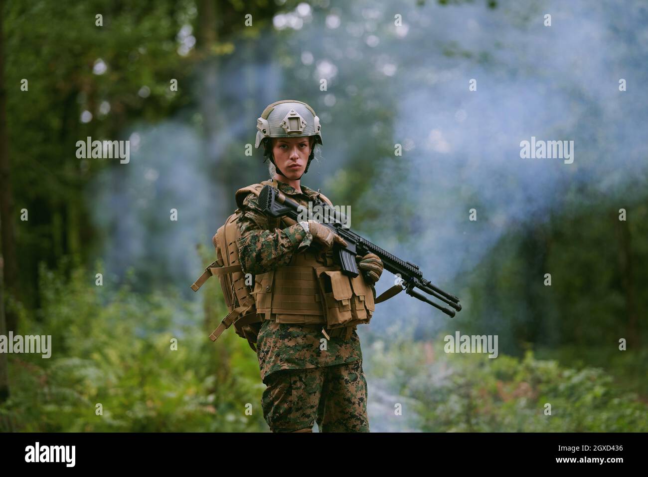 woman soldier ready for battle wearing protective military gear and ...