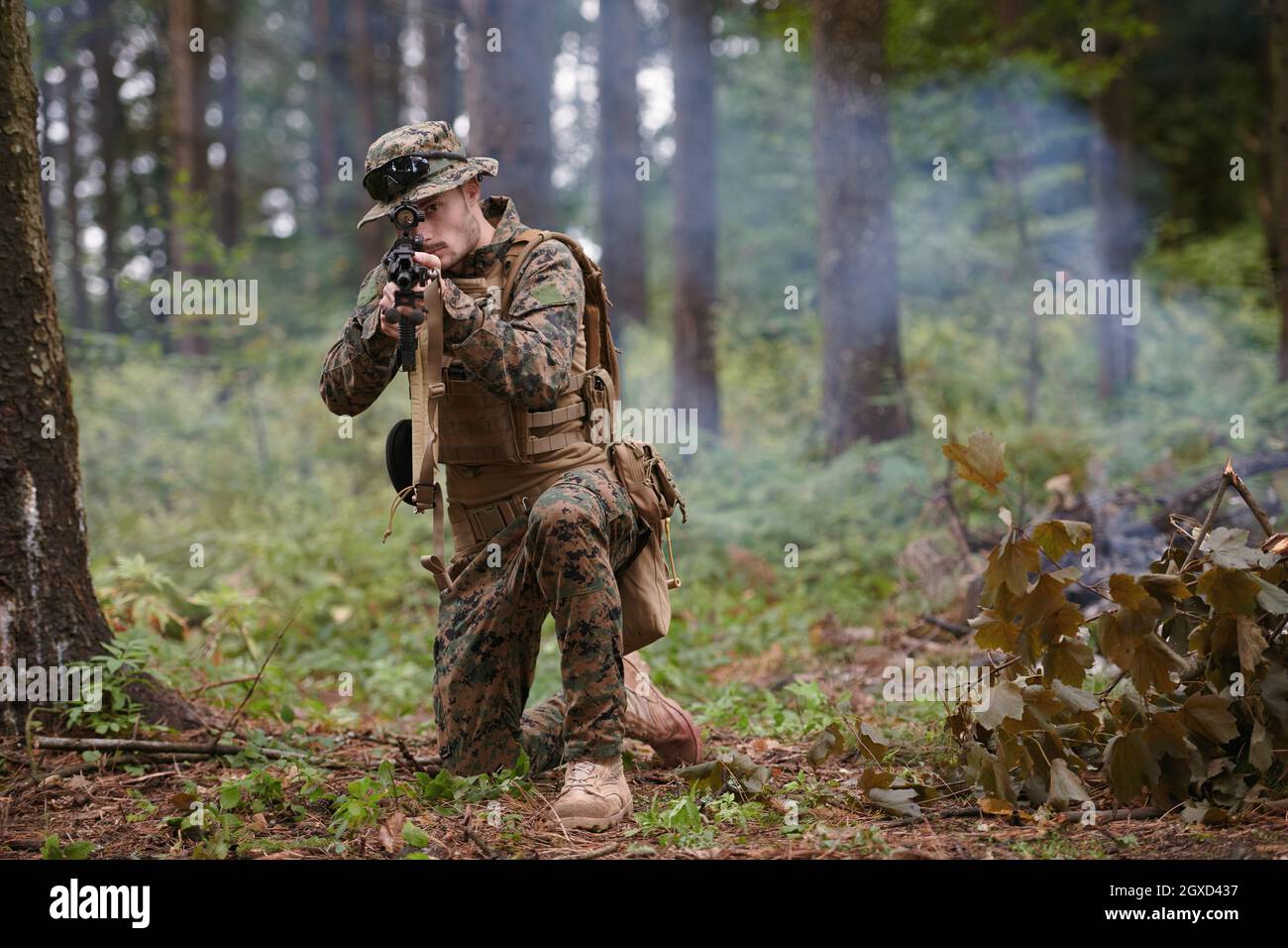 modern warfare soldier in action aiming at weapon laser sight optics in ...