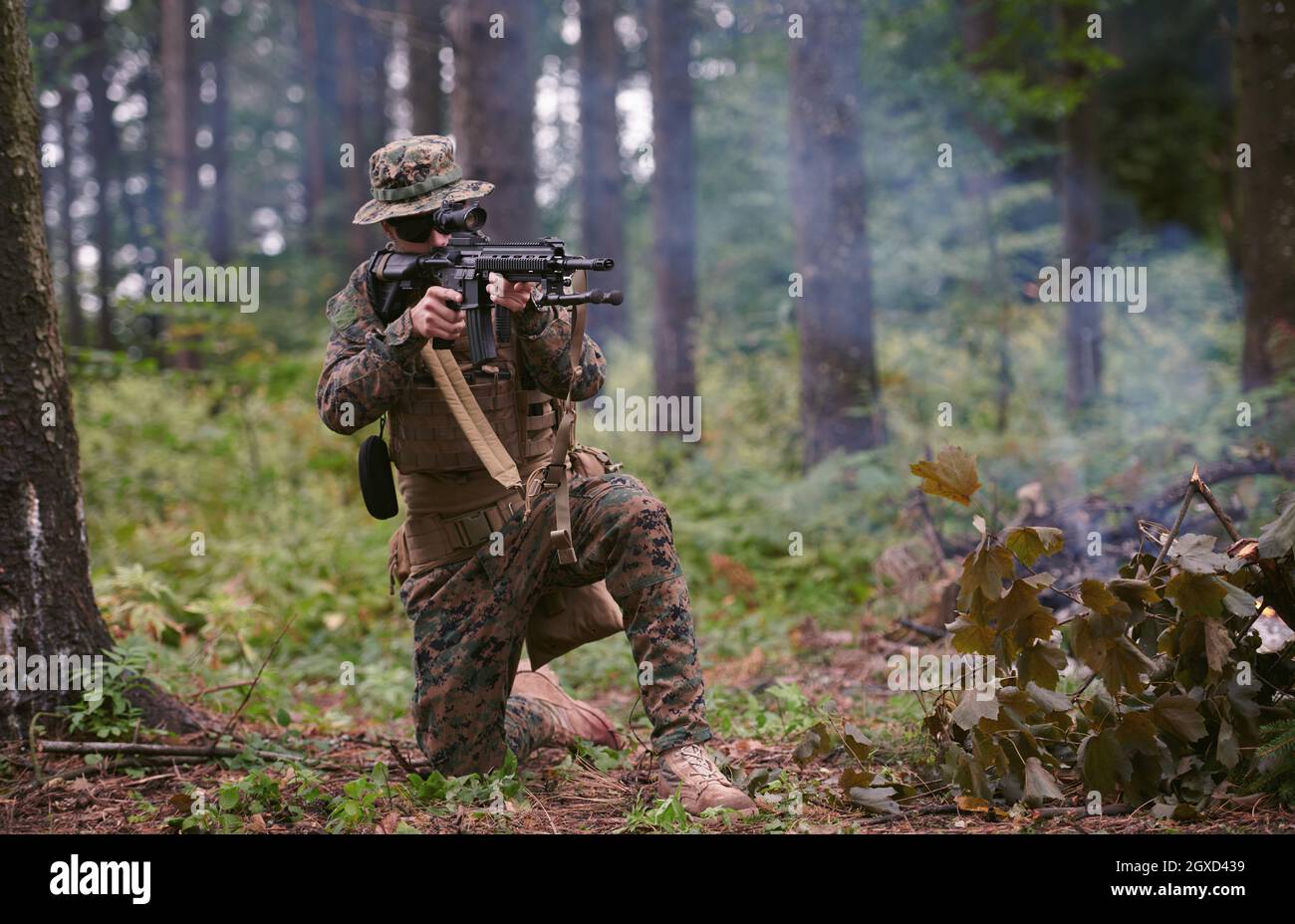 modern warfare soldier in action aiming at weapon laser sight optics in ...