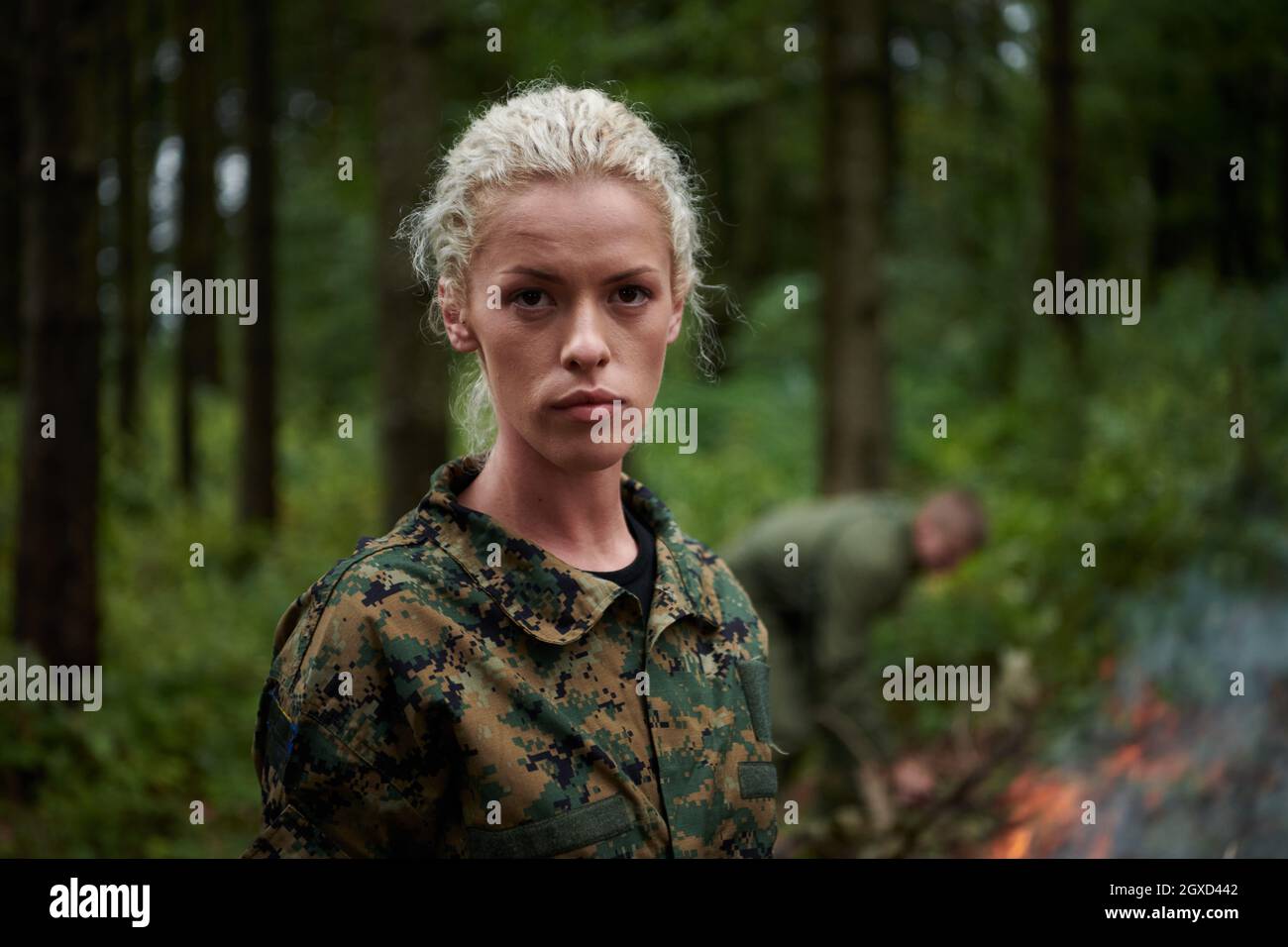 woman soldier ready for battle wearing protective military gear and ...