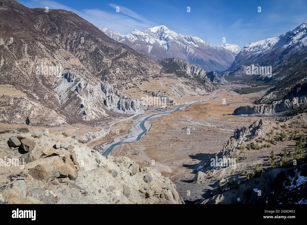 Picturesque landscape of curvy river flowing between high steep ...