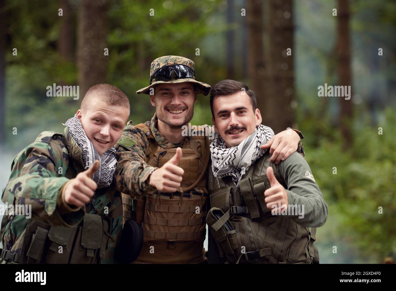 group of soldiers in oposit sides celebrating peace after battle Stock ...
