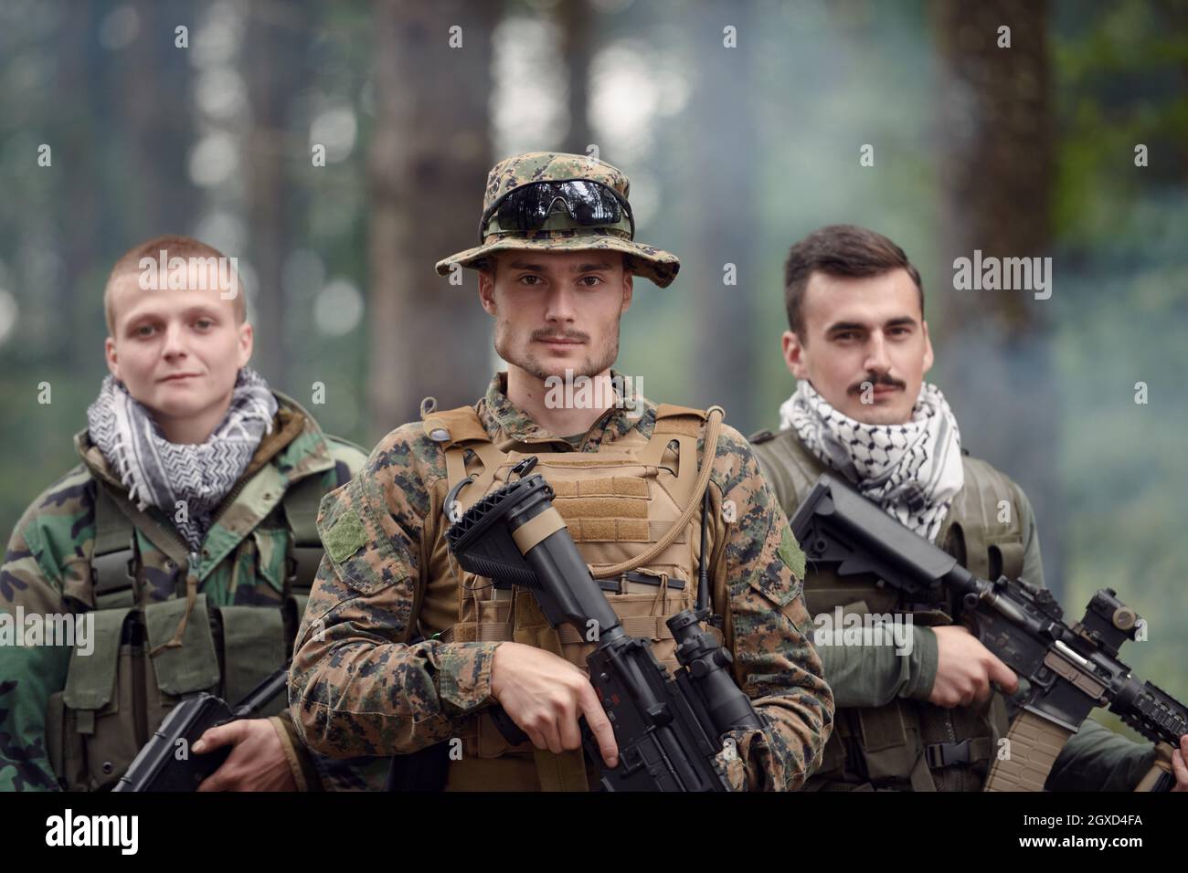 group of soldiers in oposit sides celebrating peace after battle Stock ...