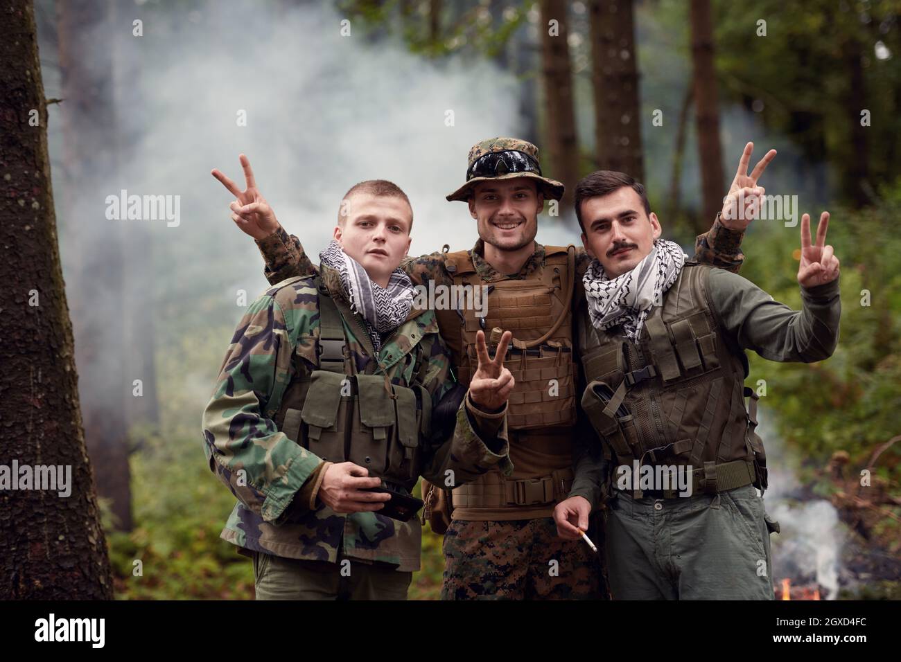 group of soldiers in oposit sides celebrating peace after battle Stock ...
