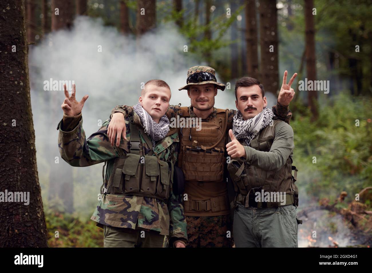 group of soldiers in oposit sides celebrating peace after battle Stock ...