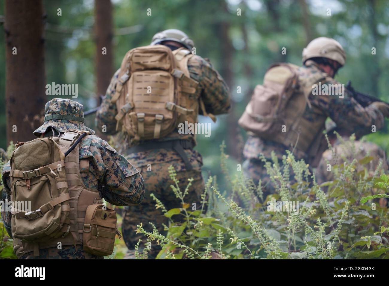 Modern warfare Soldiers Squad Running as Team in Battle Formation Stock ...