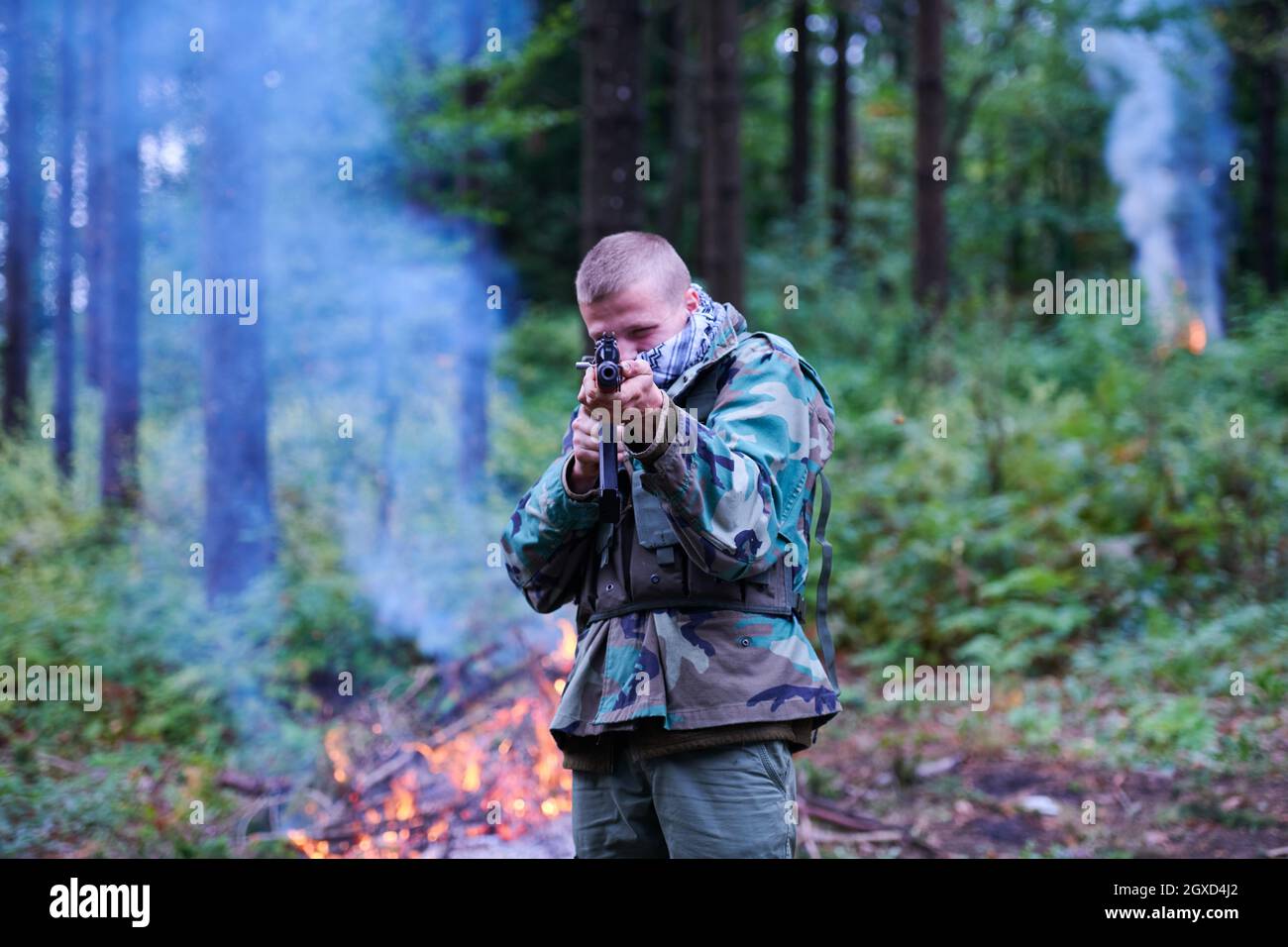 angry terrorist militant guerrilla soldier warrior in forest Stock ...
