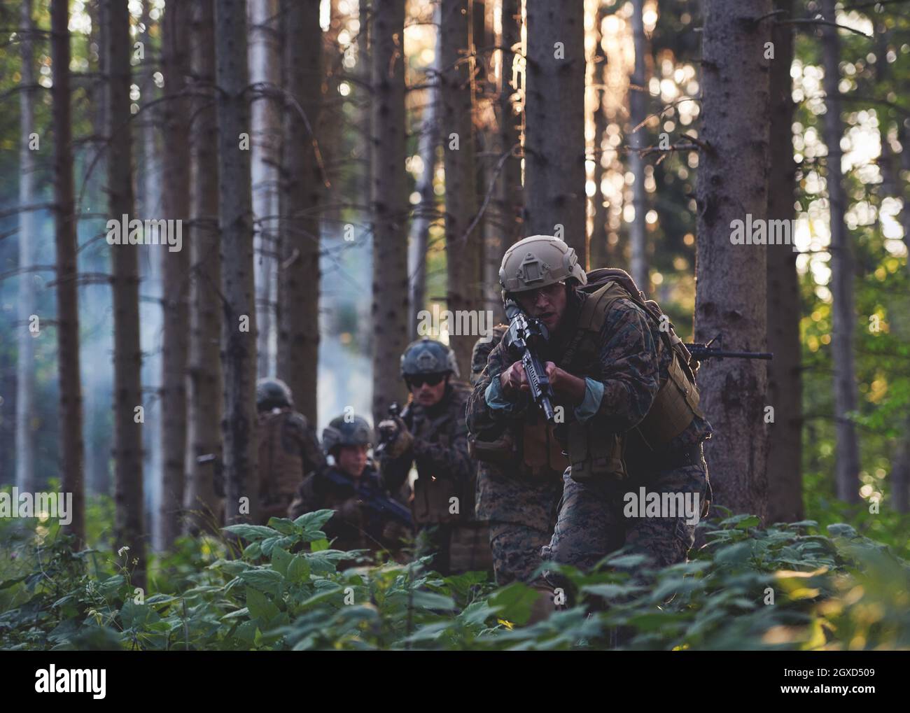 Modern warfare Soldiers Squad Running as Team in Battle Formation Stock ...