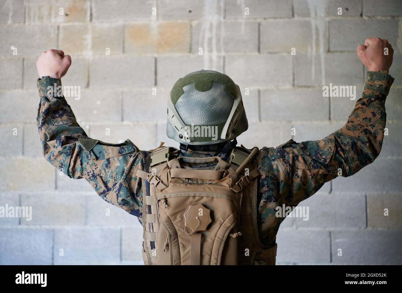soldier celebrating victory raise arms winner concept Stock Photo - Alamy
