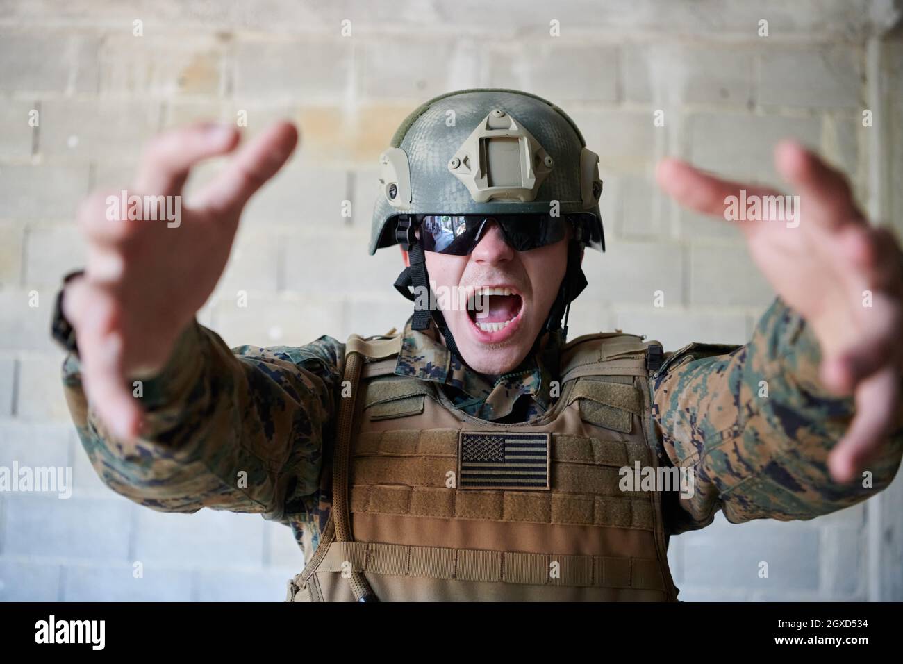 angry soldier pointing with finger and screaming Stock Photo - Alamy