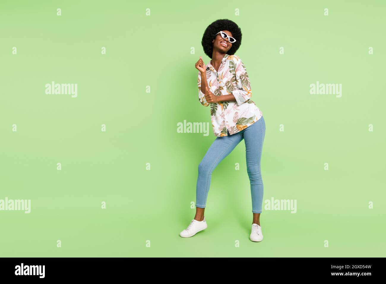 Full size photo of young black girl happy positive smile dance music ...
