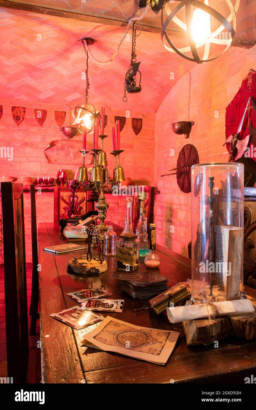 Interior of a medieval dining room with gothic decorations. The house ...